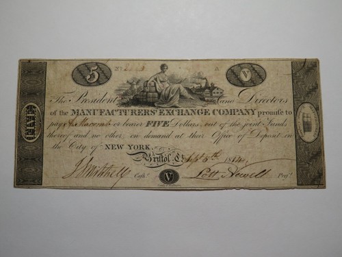 $5 1814 Bristol Connecticut CT Obsolete Currency Bank Note Bill ...