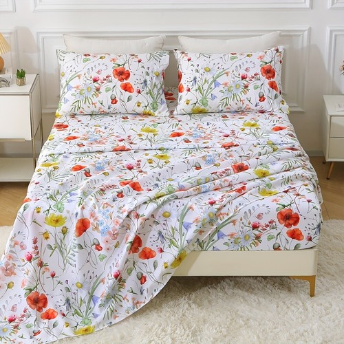 4pcs Flower Print Bed Sheet Set Ultra Soft Brushed Microfiber Floral ...