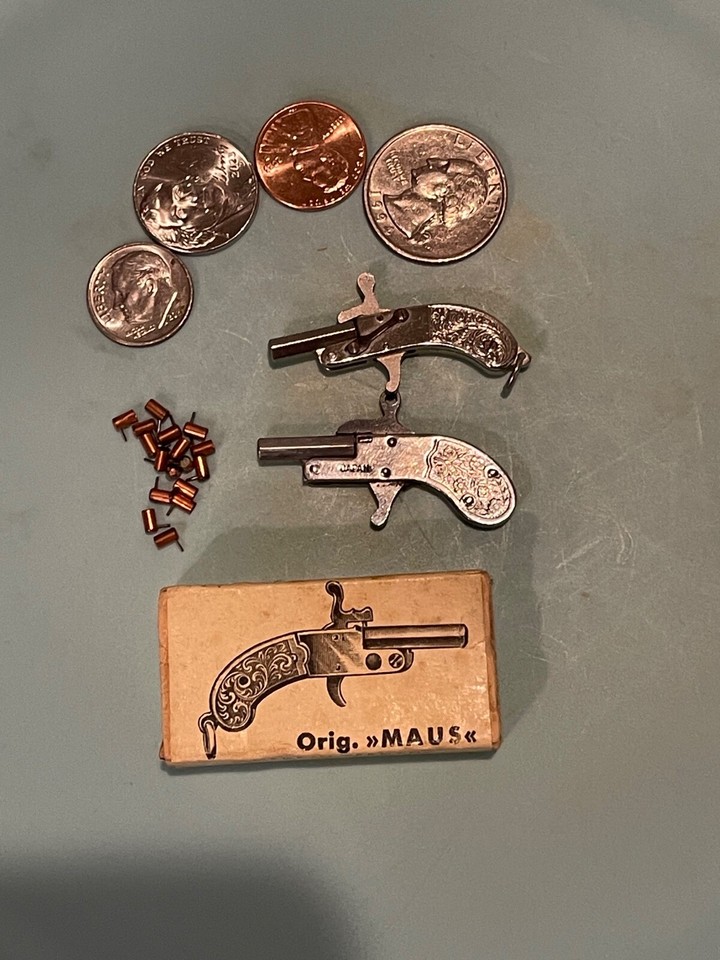 2 antique miniature 2mm pinfire toy charm fob pistols germany & japan ...