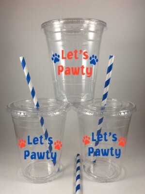 Puppy Dog Party Cups Birthday Lets Pawty Set/12 With Lids Straws Paws ...
