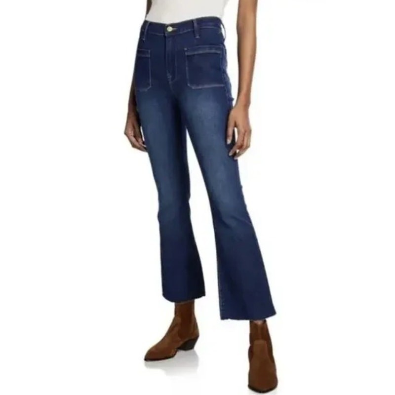 Frame women's Denim Le Bardot Crop Flare Dark Wash Denim Patch Pockets ...