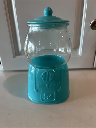 Sleigh Bell Bistro Glass Gumball Machine Candy Cookie Jar 8" Teal Blue ...
