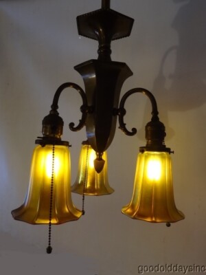 Antique Brass 3 Light Chandelier with Signed Steuben Glass Shades ...