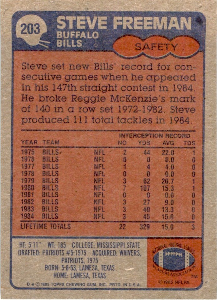 1985 TOPPS STEVE FREEMAN BUFFALO BILLS #203 | eBay