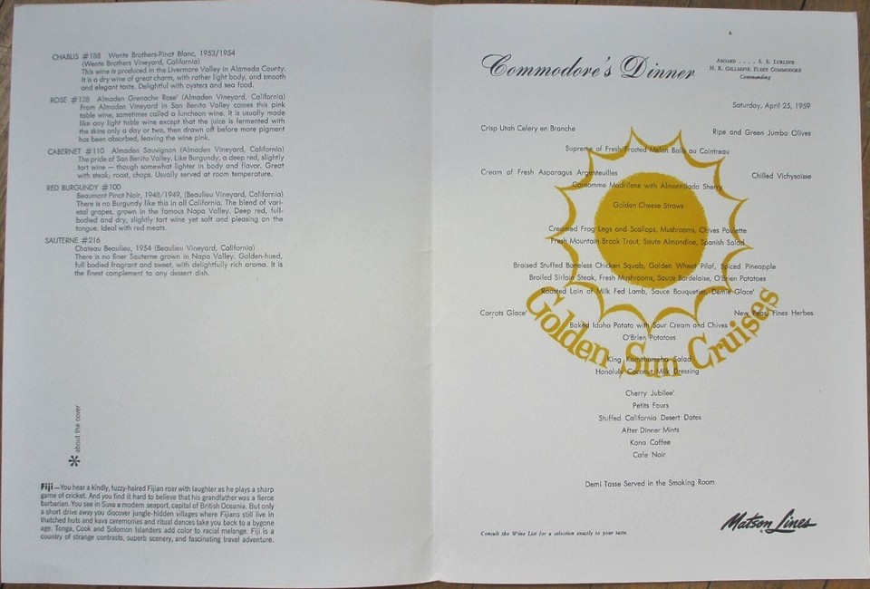 Ship Menu 1959 Matson Lines, SS Lurline, Fiji Cover Art, Golden Sun ...