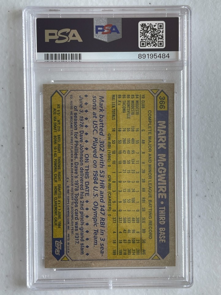 MINT CONDITION Mark McGwire ROOKIE CARD! PSA 9! 1987 Topps #366 12-time All Star | eBay