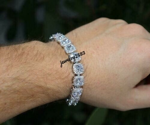Buss Down 13Ct Simulated Diamond Men's Halo Tennis Link Bracelet 925 ...