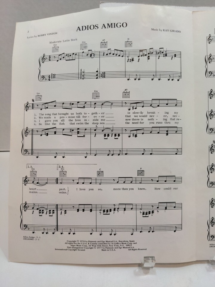 Adios Amigo Sheet Music Marty Robbins Piano Voice Guitar 70s Country ...