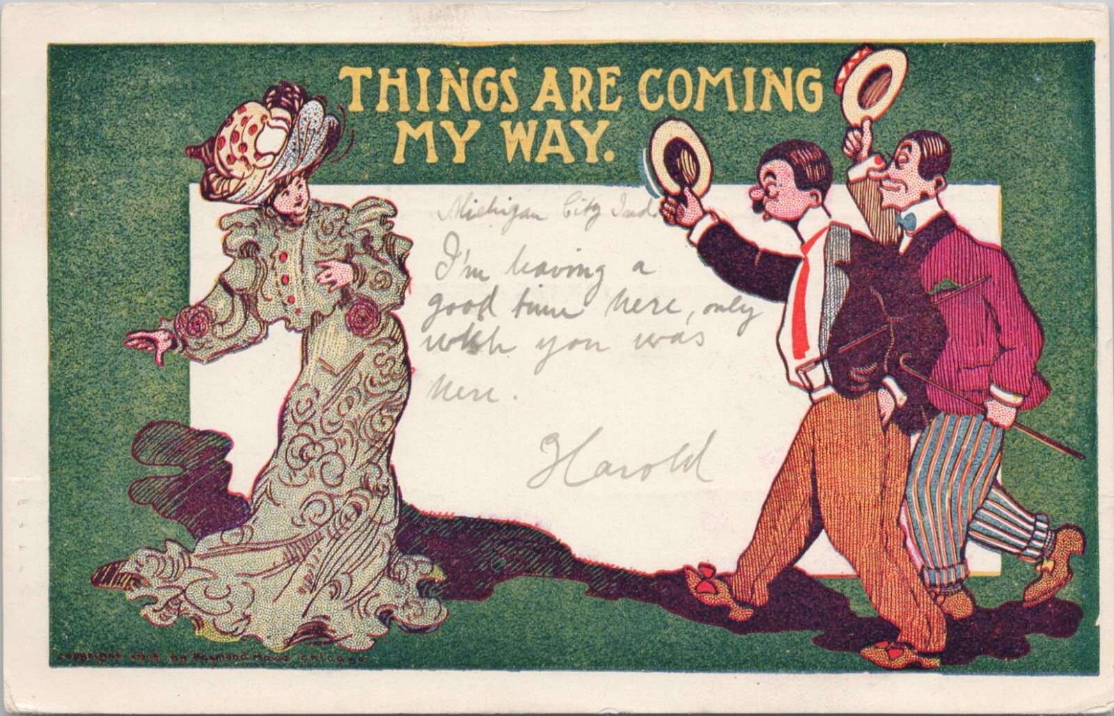 Comic PC * Men Tipping Hats to Woman "Coming My Way" 1906 Michigan City ...