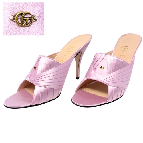 Gucci GG Logo Marmont Rose Pink Silk Satin Shawana Gold Heels Mules ...