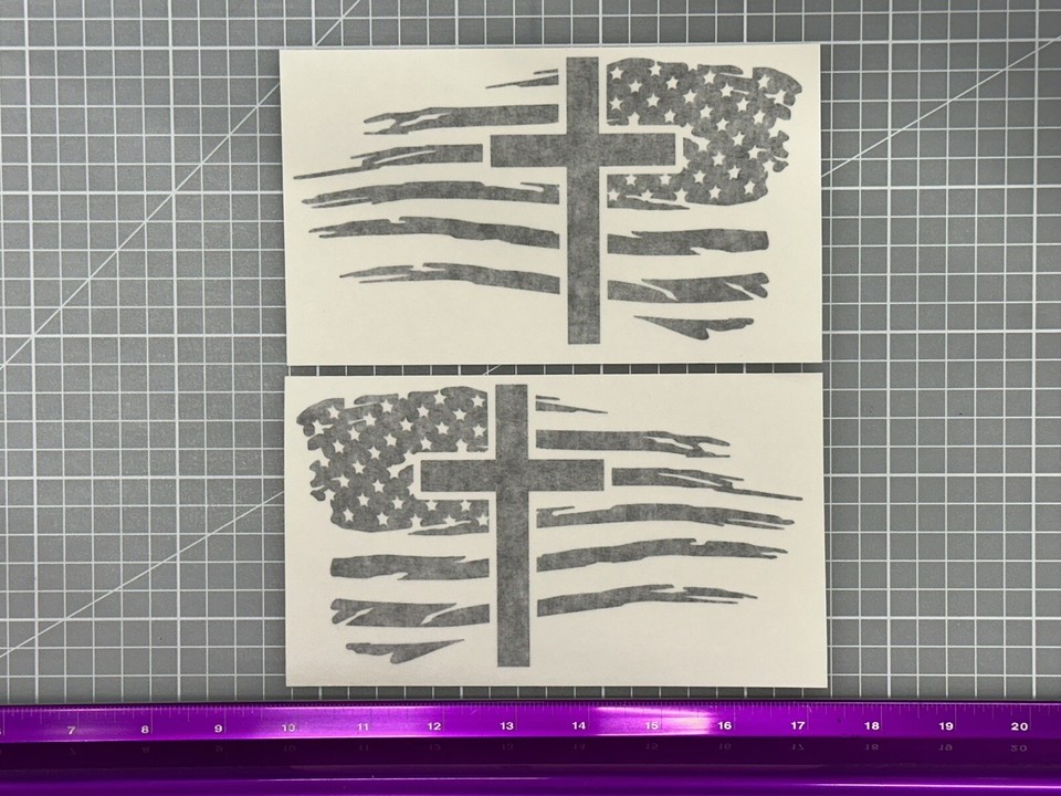 Pair (2) 4x7 Matte Black American Flag Vinyl Decal Sticker with Cross ...