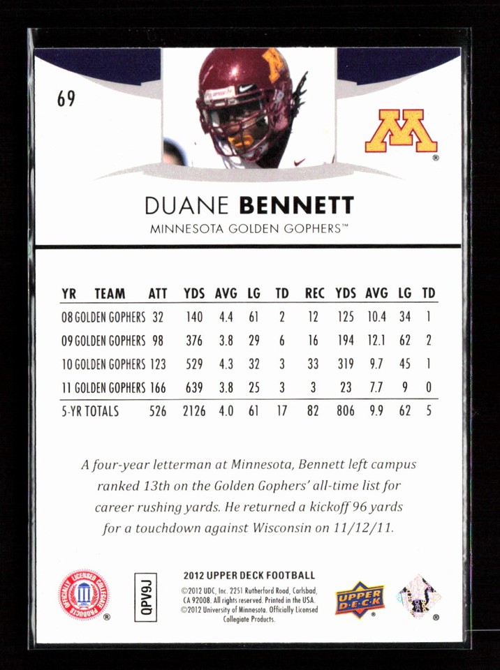 2012 Upper Deck #69 Duane Bennett Minnesota Golden Gophers | eBay