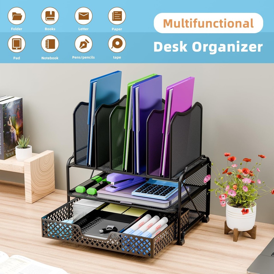 Mesh Desk File Organizer, Office Supplies Desktop Storage with Sliding ...
