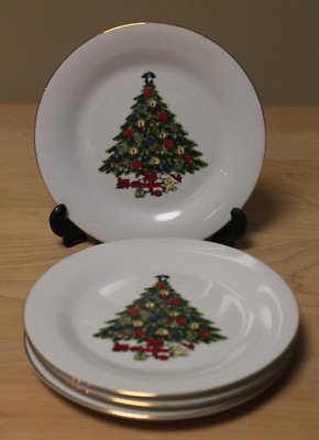 SET OF 4 SEA GULL CHINA 7-3/8" SALAD DESSERT PLATES CHRISTMAS TREE ...