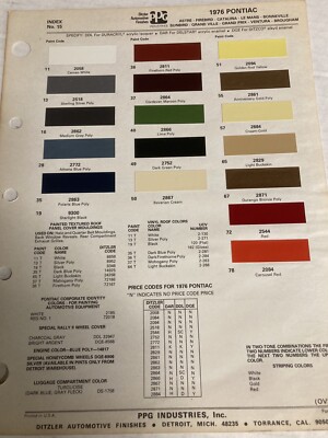 1976 PONTIAC AUTOMOTIVE P.P.G., DITZLER Exterior Paint Color Chip ...