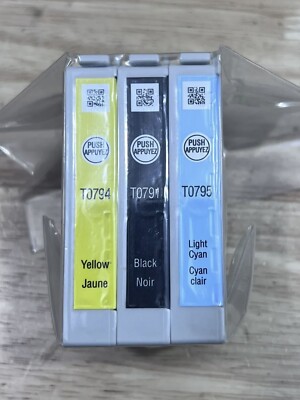 3 Pack Genuine Epson Black Cyan Yellow Ink Cartridges T0795 T0794 T0791 ...
