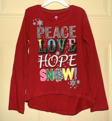Peace Love Hope Snow Holiday Embellished Tee Girls Sz M 7-8 Red | eBay