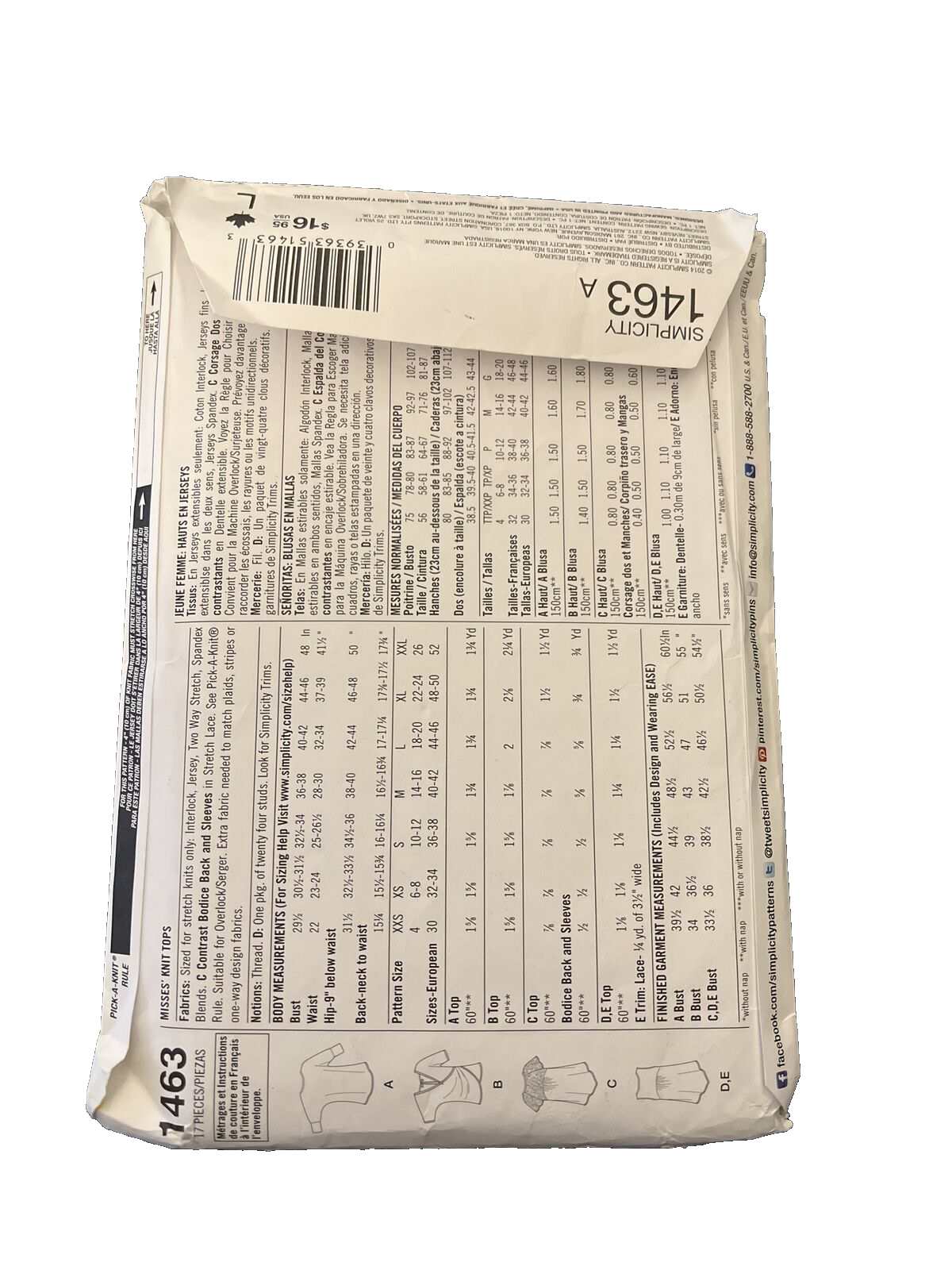 Knit Tops Misses Size Xxs-xxl Sewing Pattern Simplicity 1463 for sale ...