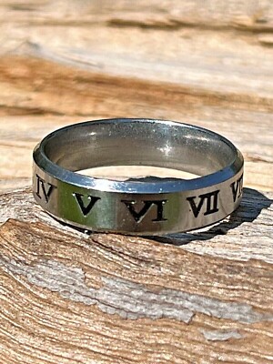 Men's High-Quality 3/16" Roman Numerals I - XII Silver Steel Ring ...