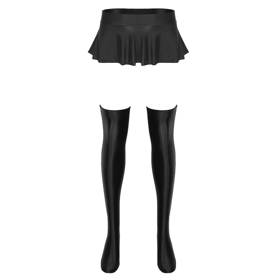Women's Pleated Ultra Micro-Mini Skirt with Glossy Thigh High Stockings ...