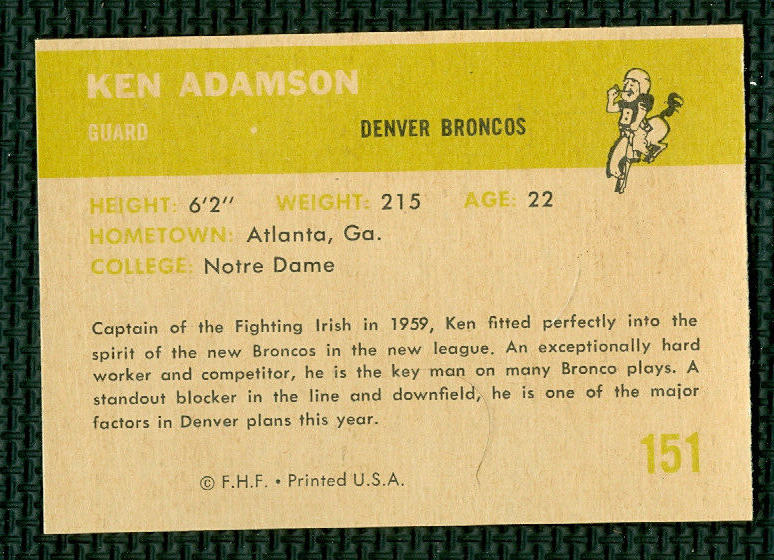 1961 FLEER FOOTBALL # 151 KEN ADAMSON SP BRONCOS MINT PERFECT CENTERED ...