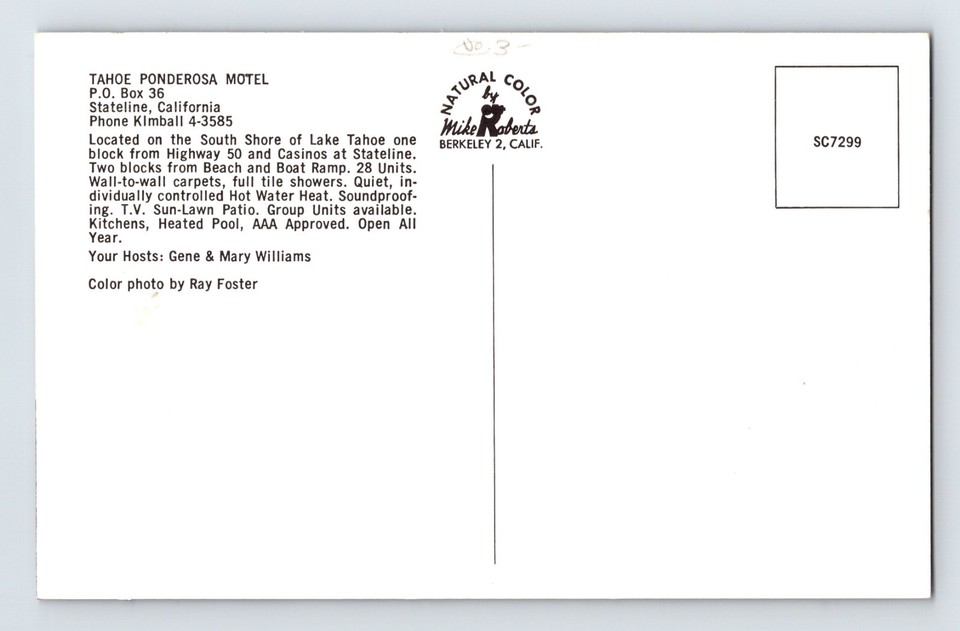Postcard California Lake Tahoe CA Ponderosa Motel 1960s Unposted Chrome ...