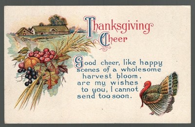 Postcard Thanksgiving Cheer Turkey On Farm House Pumpkin Fruits and ...
