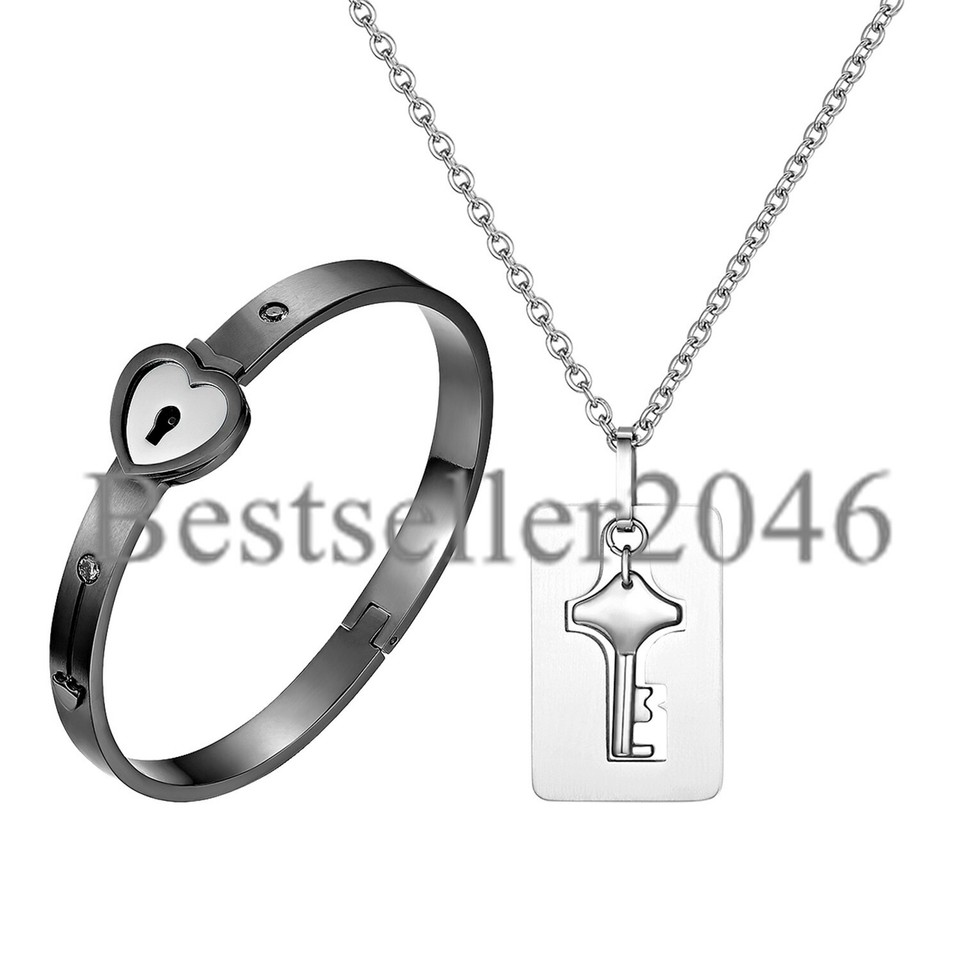 Womens Heart Lock Bangle Bracelet and Key Pendant Chain Necklace ...