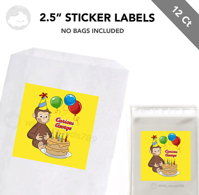 12 Curious George 2.5" Sticker Labels for Bag Treat Box Birthday Party ...