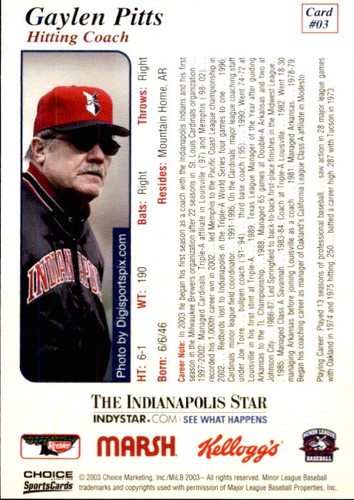 2003 Indianapolis Indians Choice #3 Gaylen Pitts Mountain Home Arkansas ...