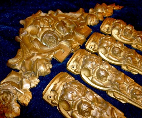 SET OF 5 AMAZING FRENCH ANTIQUE BRASS / BRONZE PEDIMENTS MOUNTS DECORS ...