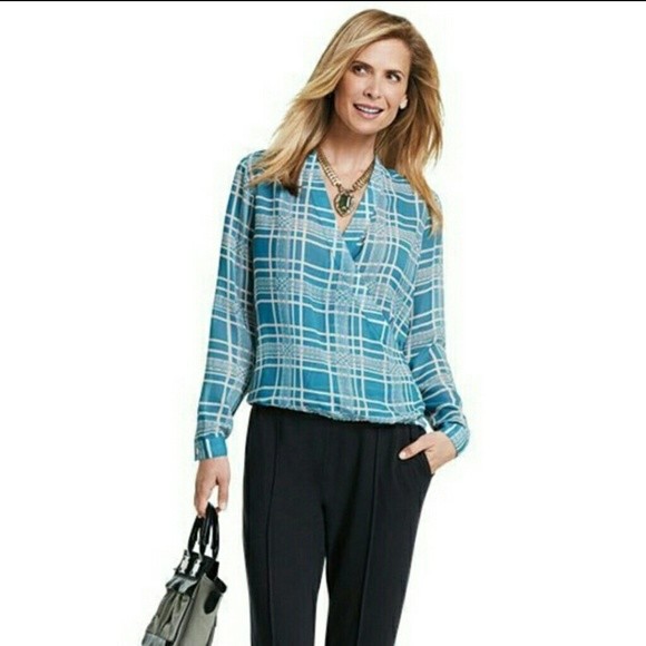 CAbi Womens Medium M Teal Blue Window Pane Plaid Faux Wrap Blouse Top ...