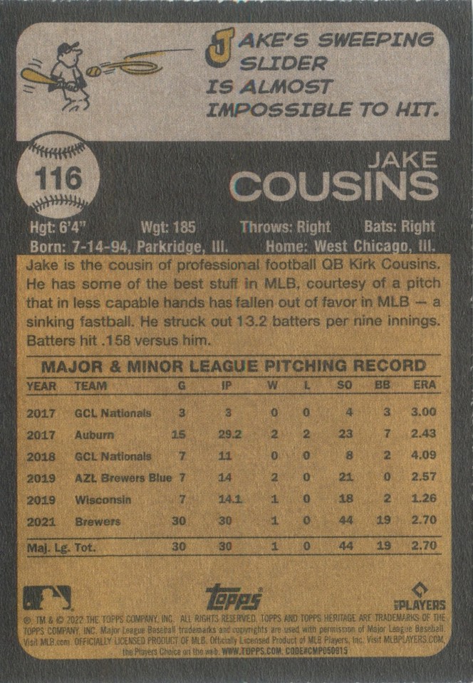 Jake Cousins RC 2022 Topps Heritage Baseball Rookie Card #116 Milwaukee ...