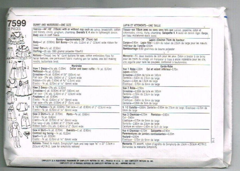 28" Stuffed Bunny Doll & Clothing Pattern Simplicity 7599 Uncut 1991 ...