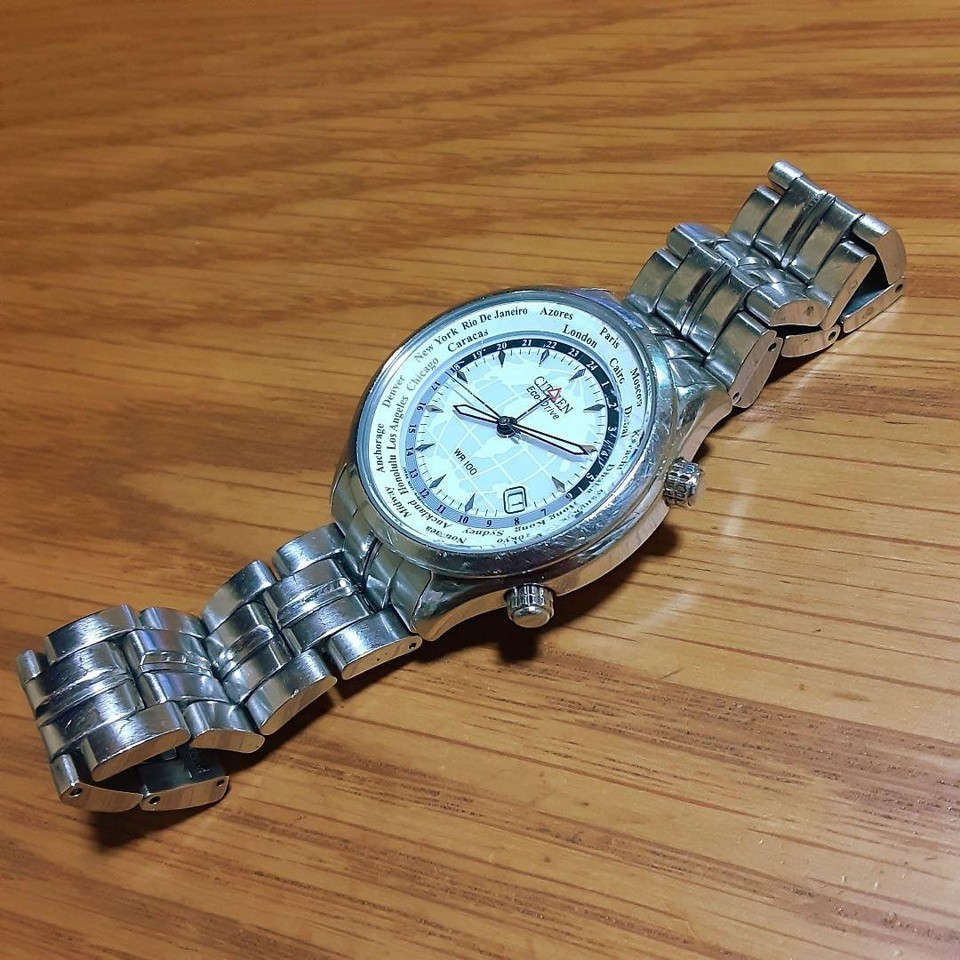 Citizen World Time Eco-Drive Solar Date Men's Watch White Dial Used | eBay