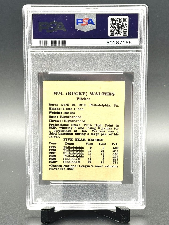 1940 Cincinnati Reds Team Issue # Wm. (Bucky) Walters Team Issue PSA 4 ...