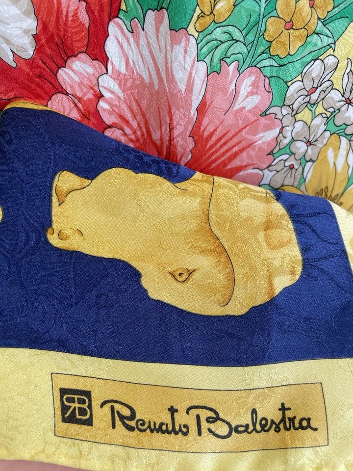 Renato Balestra 100% Silk Scarf Yellow Floral Equestrian Horse Print ...