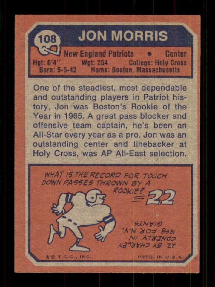 1973 Topps #108 Jon Morris EXMT/NM Patriots 239316 | eBay