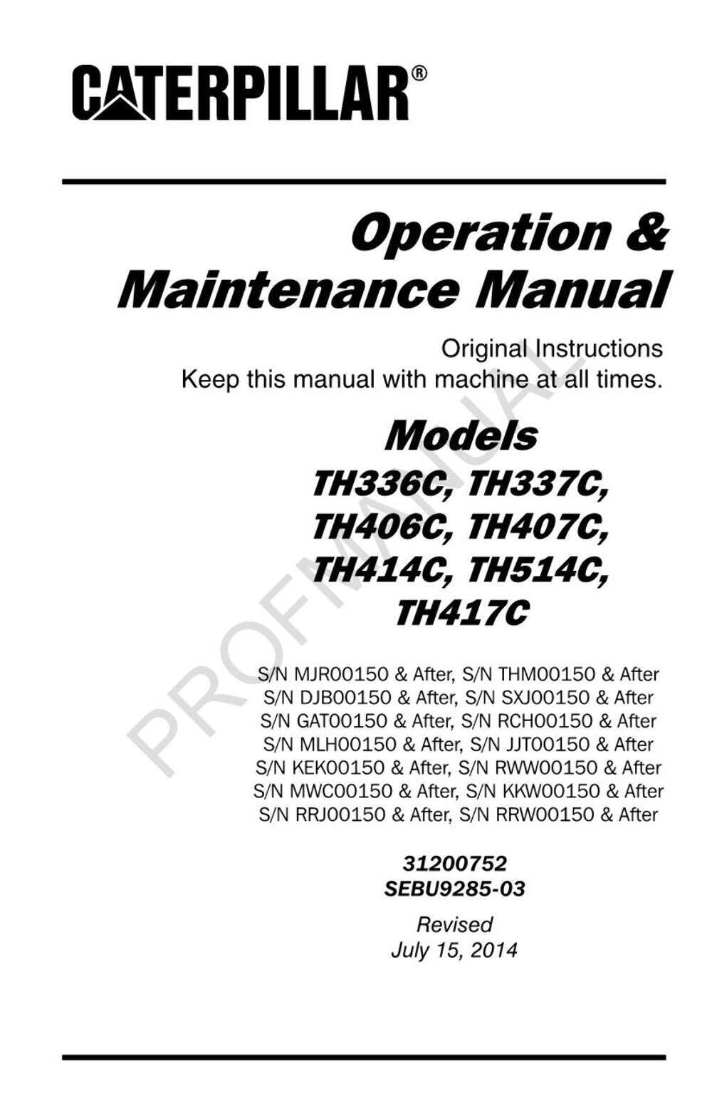 Caterpillar TH414C TH514C TH417C Telehandler Operators Maintenance ...