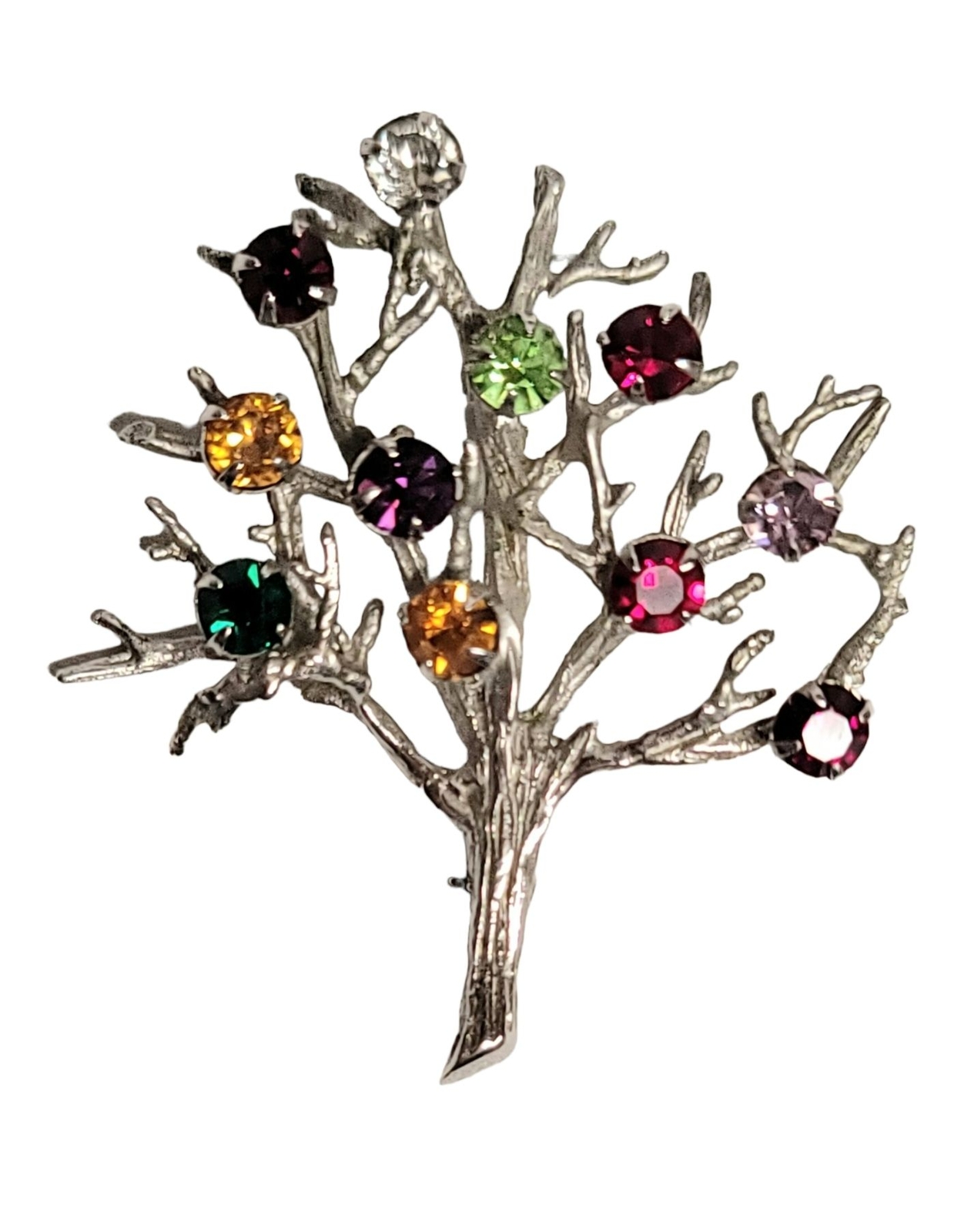 Sterling Silver Rhinestone Family Tree Of Life Brooch - Gem