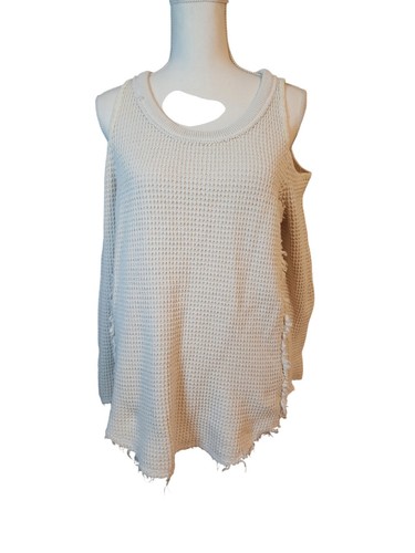 Women Free People Off White Cold Shoulder Raw Edge Knit Sweater size L ...