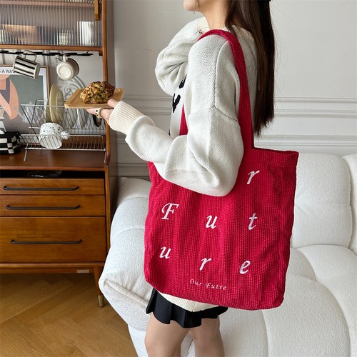 310262 Ins Vintage-style Corduroy Tote Bag With Embroidered Letters ...