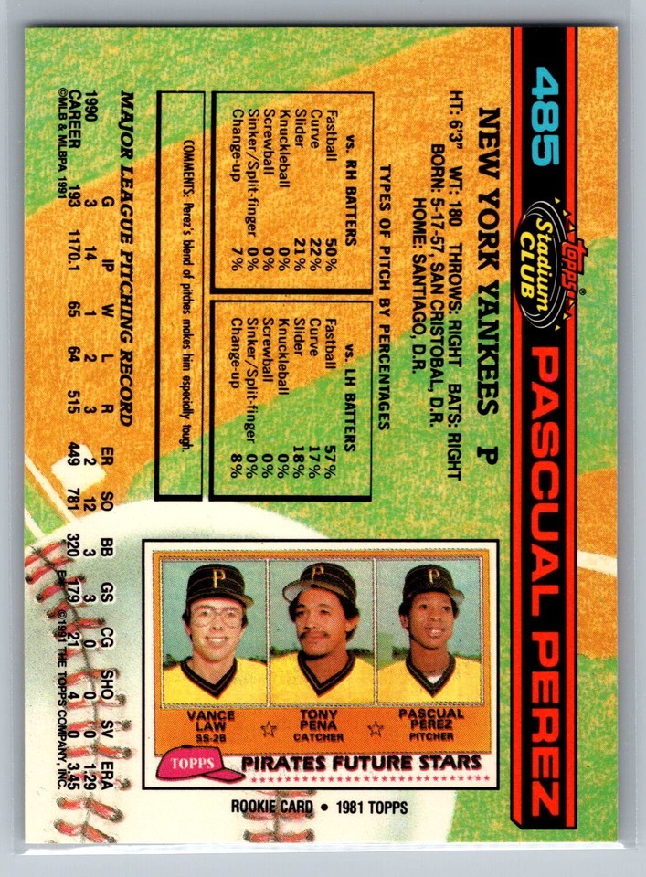 1991 Stadium Club Baseball #485 Pascual Perez New York Yankees | eBay
