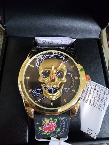 Ed Hardy Men’s Golden Skull 💀Skeleton Face Watch Black & Floral Strap ...