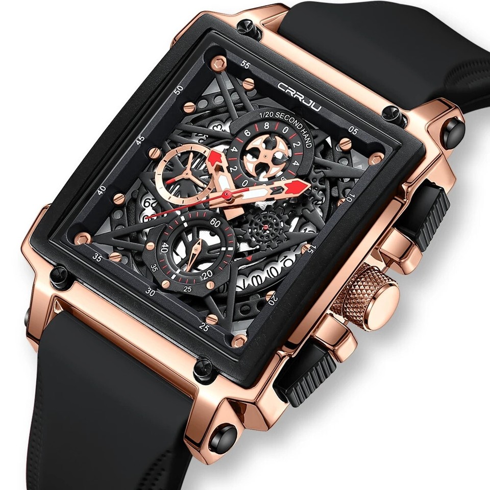 LIGE Men Watch Rectangle Sport Quartz Wristwatch Red Rubber Strap Males ...