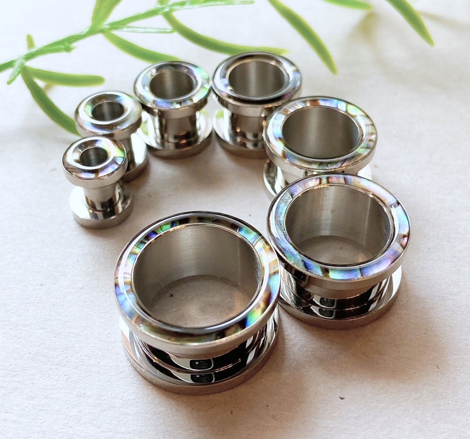 PAIR Abalone Inlay Steel Screw Fit Tunnels Earlets Gauges Plugs Body ...