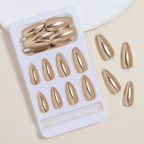 Matte Gold Chrome Press on Nails Almond Medium Fake Nails 06.matte gold ...
