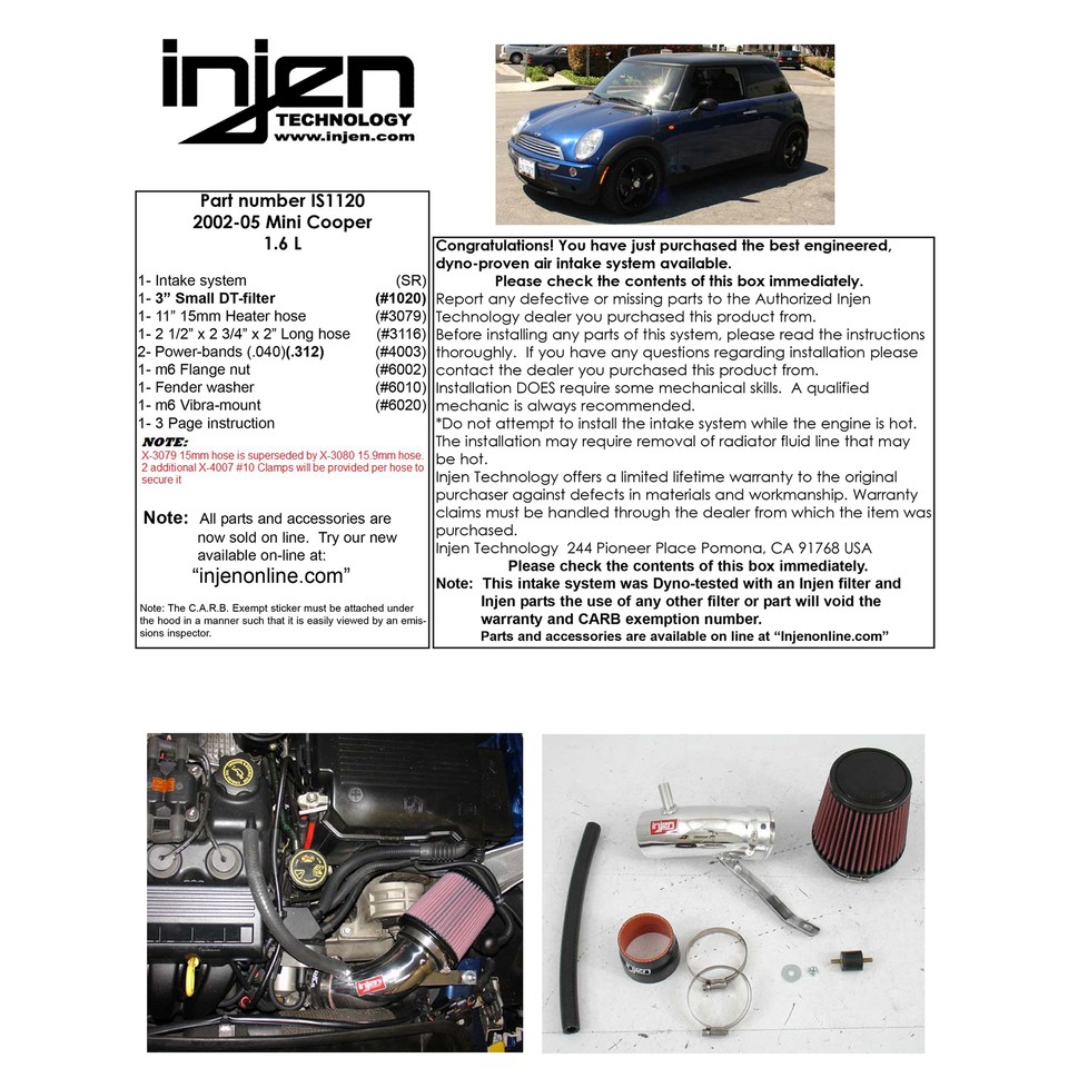 Injen IS1120BLK Aluminum Short Ram Cold Air Intake for 2000-06 Mini ...