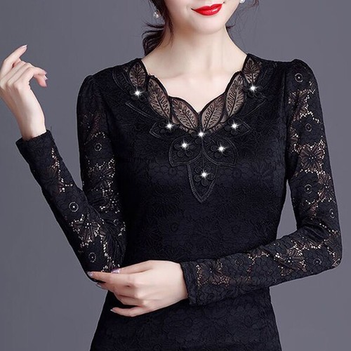 Womens Ladies V Neck Rhinestones Floral Lace Shirt Lined Slim Fit ...