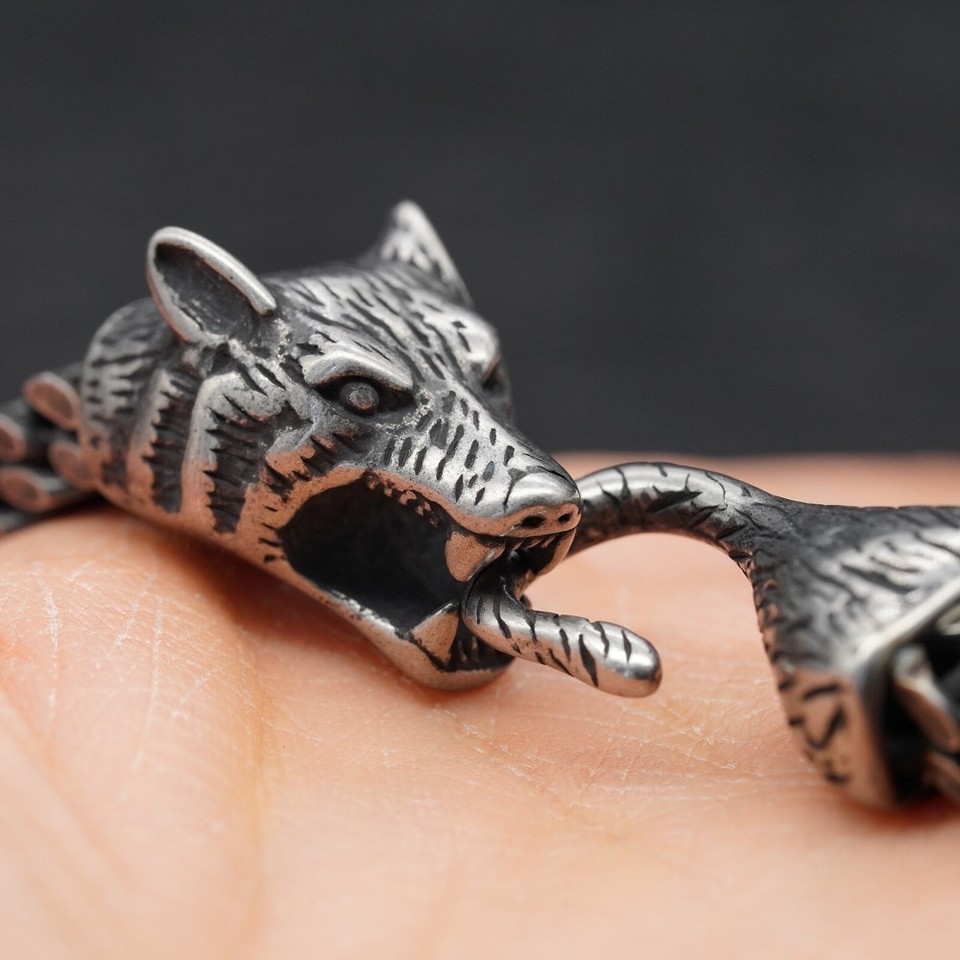 8 Inch Mens Black Stainless Steel Viking Fenrir Wolf Head Bracelet Men ...